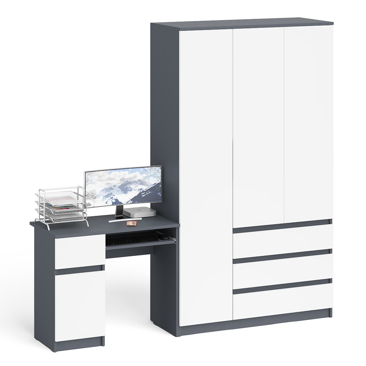 Компьютерный стол СВК Мори МШ1200-1 правый и шкаф-комод графит/белый, 210х50х210 см