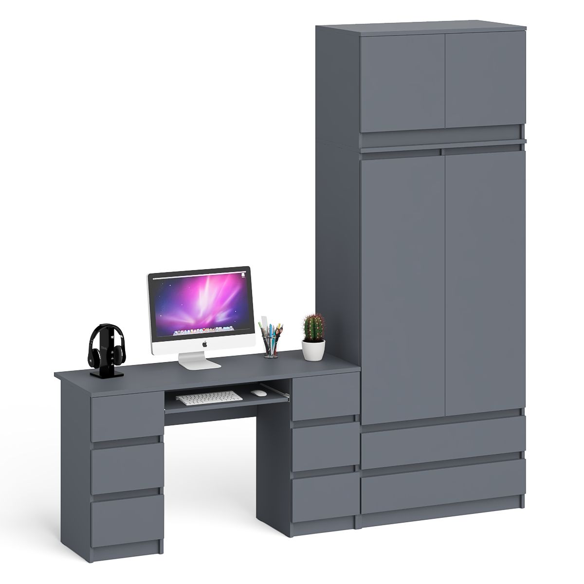 Стол 2-х тумбовый СВК Мори МС-2 со шкафом и антресолью графит, 225,8х50х234,2 см