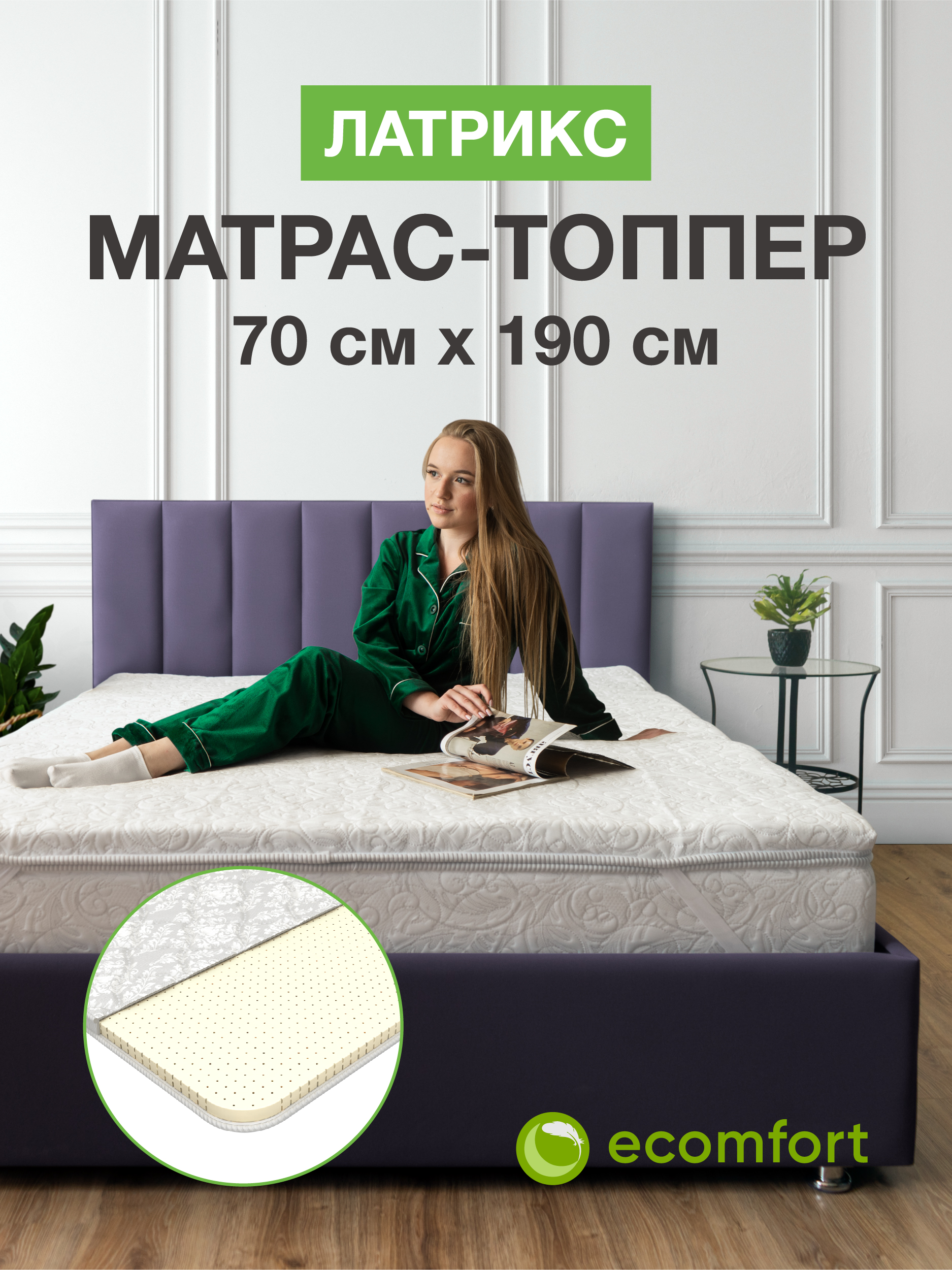 Топпер на диван Ecomfort Латрикс на резинке, 70х190 см