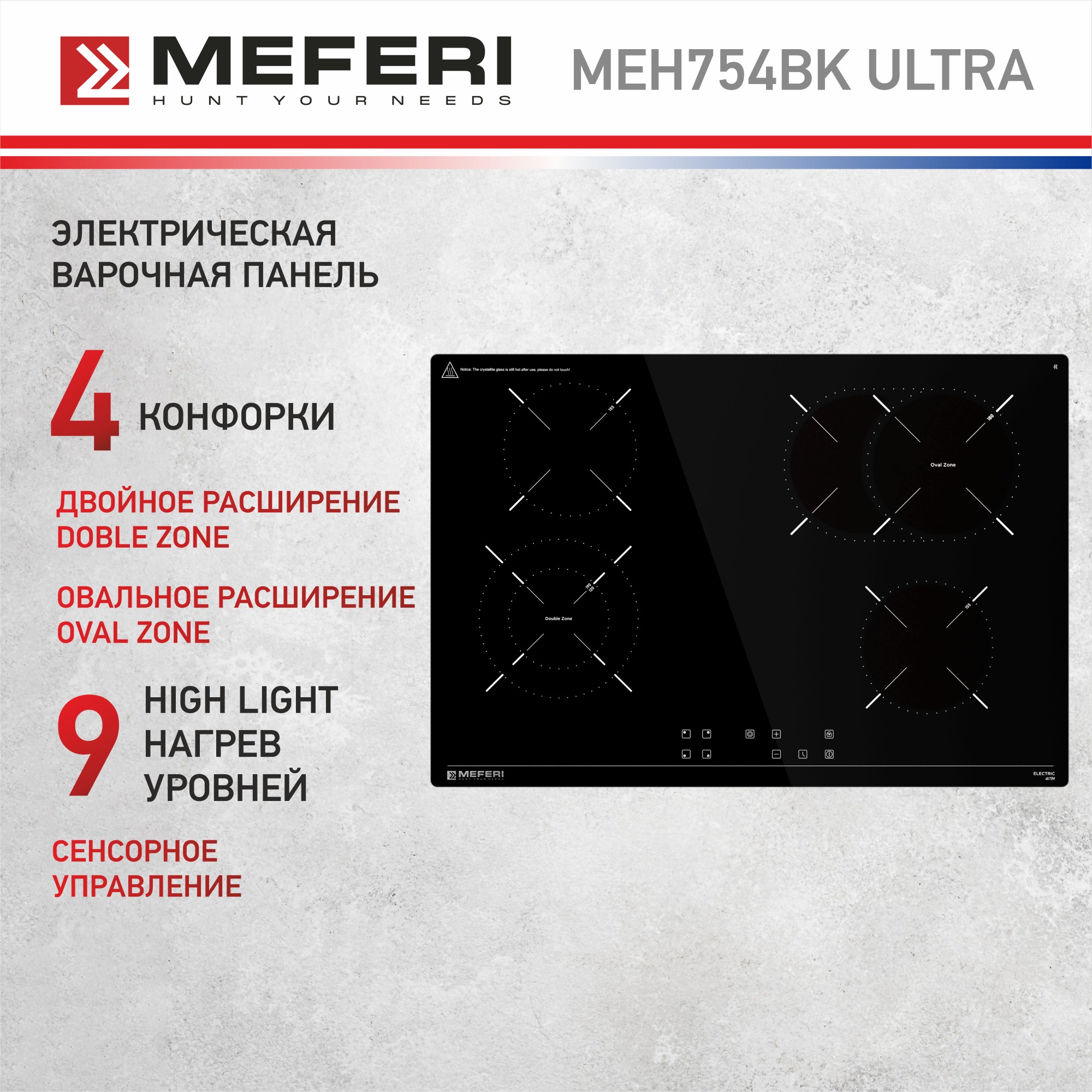 Встраиваемая варочная панель электрическая Meferi MEH754BK ULTRA черный