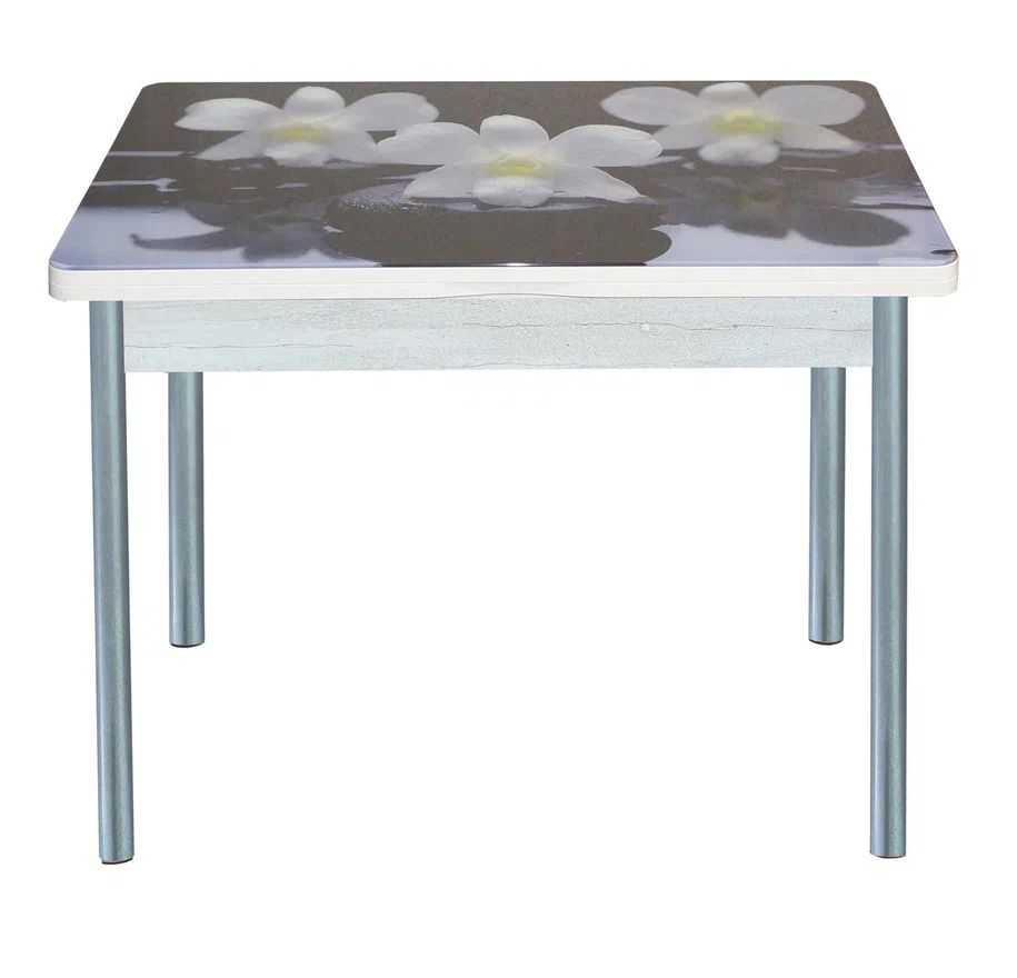 Стол обеденный раскладной Катрин-К Симпл, бетон белый, фотопечать Орхидея на черных камнях