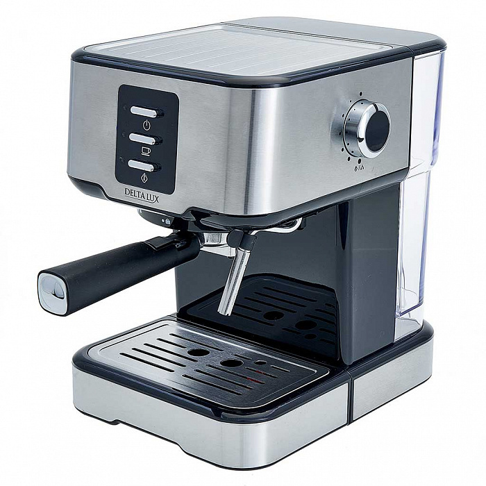 Кофеварка рожковая Delta Lux DE-2001, 15 бар; 850 кВт; 1,5 л; капучинатор, серебристый/чер