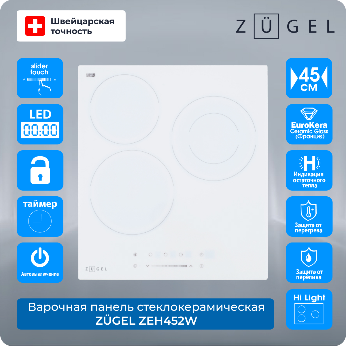 Встраиваемая варочная панель электрическая ZUGEL ZEH452W белый