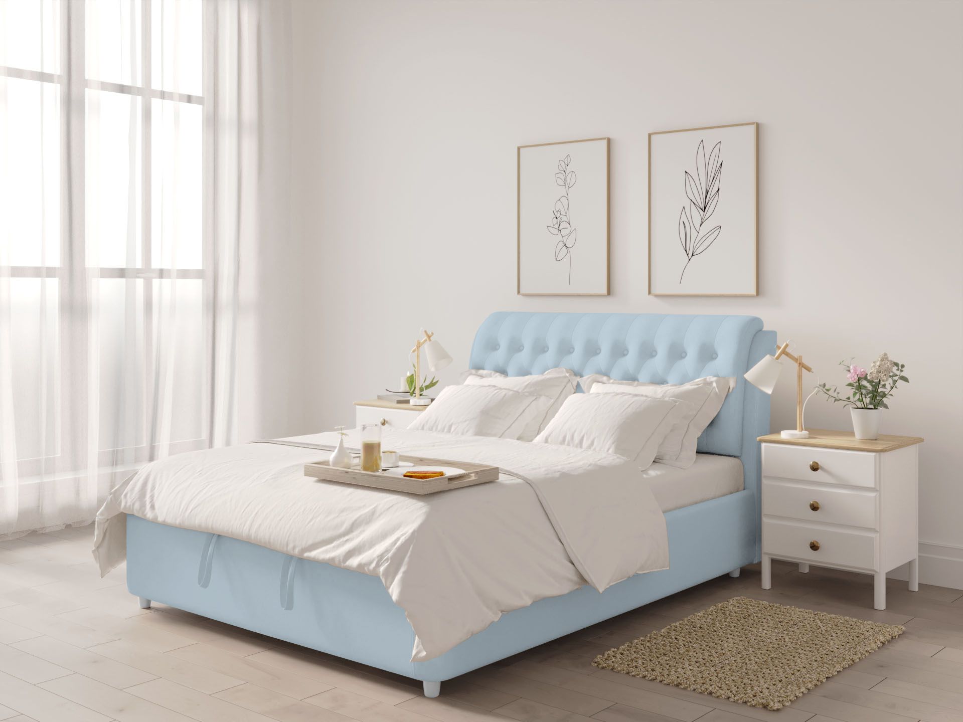 Двуспальная кровать ARMOS с ПМ Ellen 2 Велюр Teddy 028 голубой 160х200