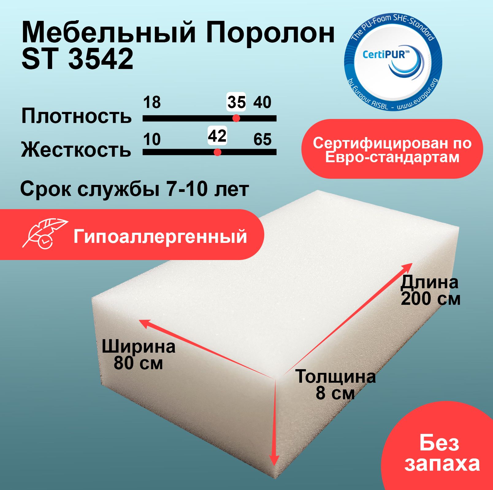 Мебельный поролон ФомЛайн ST 3542 лист 80x800x2000мм высокой жесткости