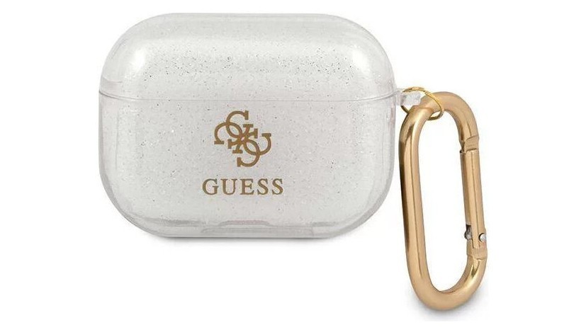 Чехол с карабином Guess TPU Transparent Glitter 4G для AirPods Pro, Прозрачный