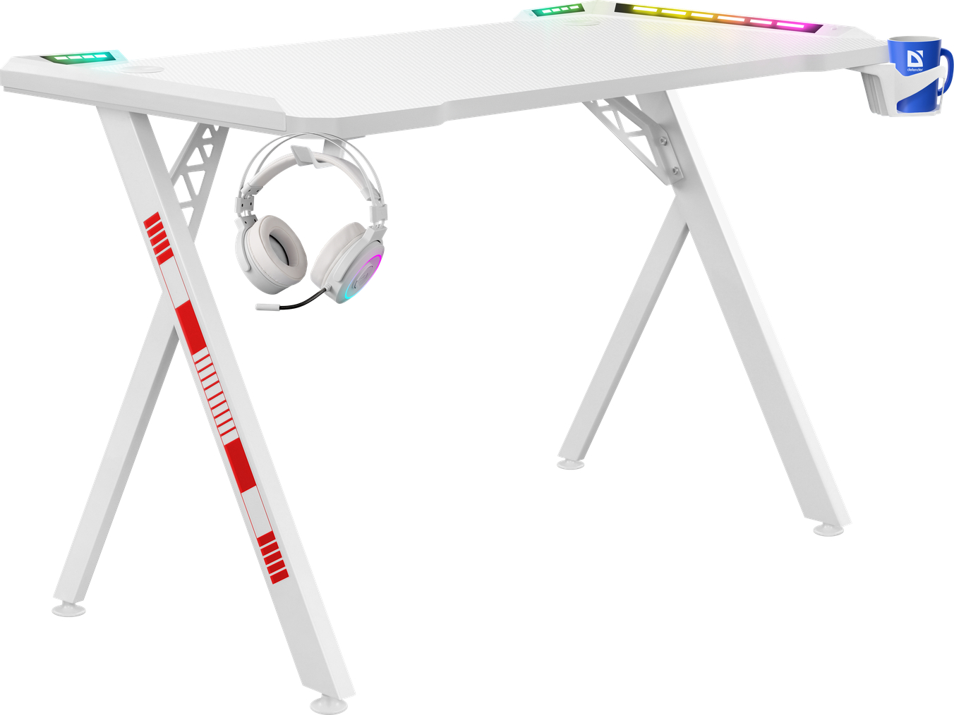 Стол игровой Defender Foton RGB с подставкой под кружку и подвесом под гарнитуру, белый