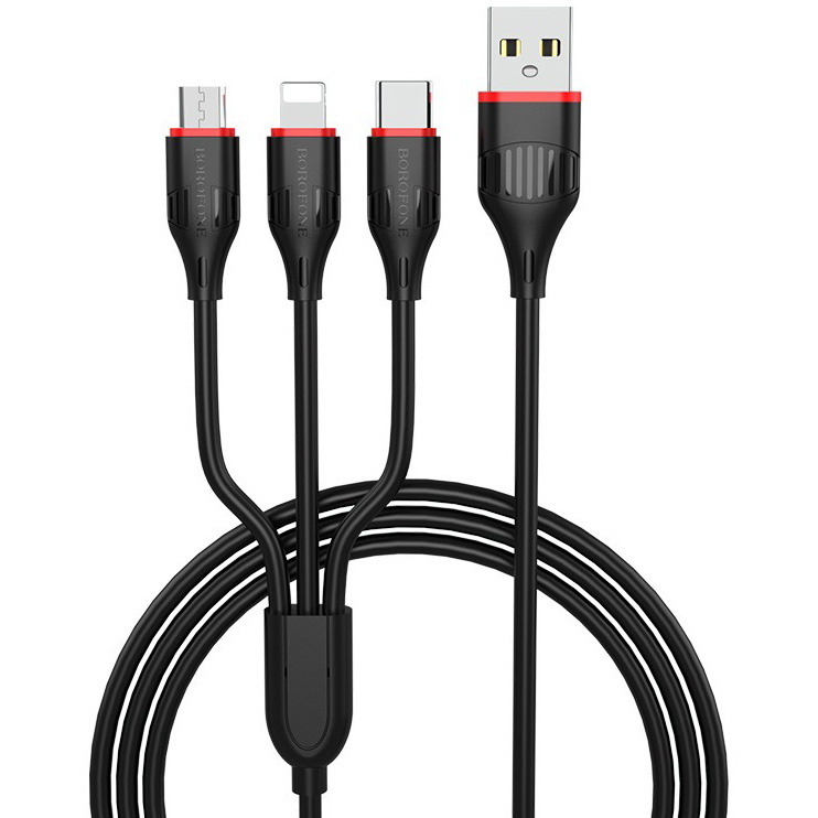 Кабель USB 2.0 A - micro USB 2.0 B+Lightning+Type-C 1м Borofone BX17 Enjoy 3-in-1 - Черный