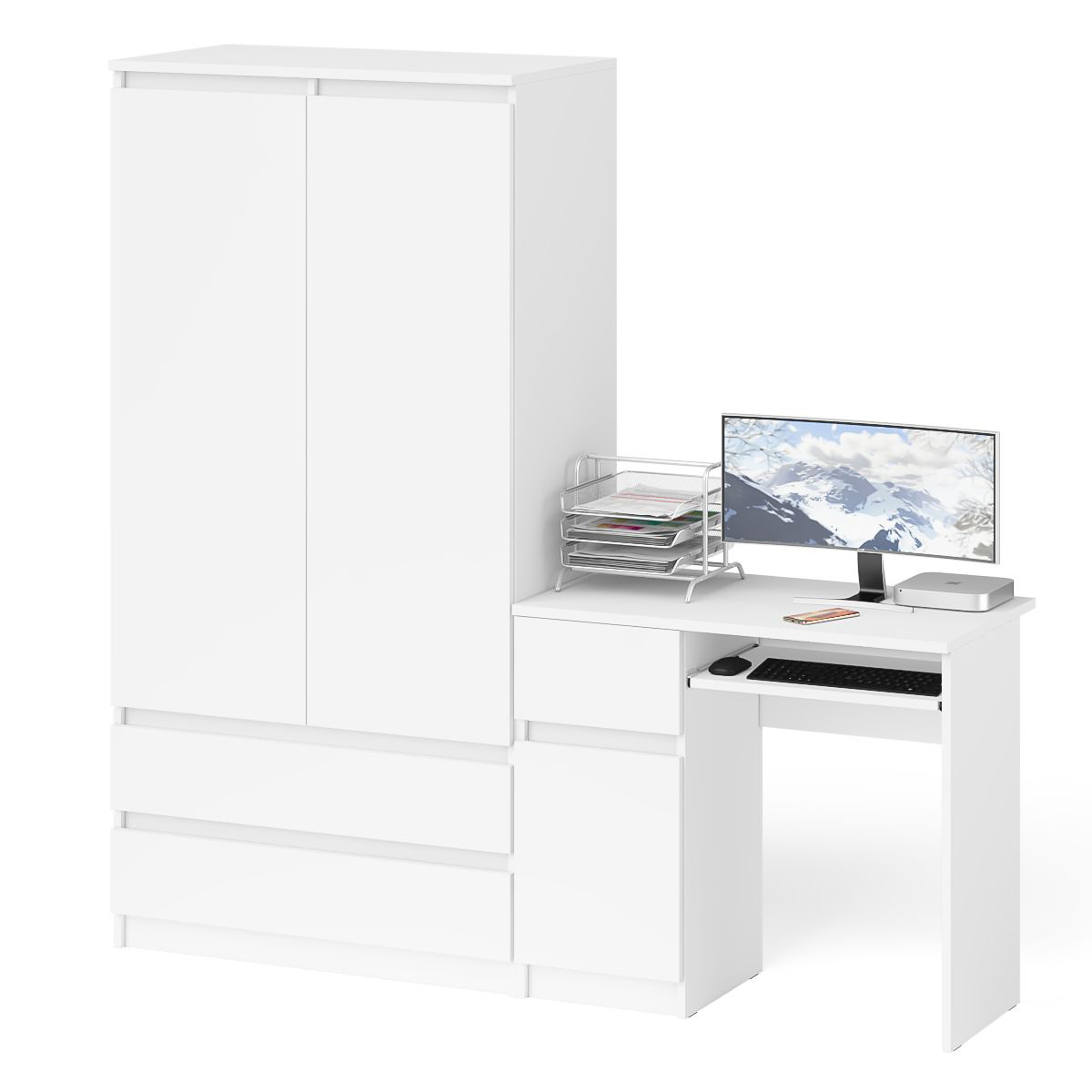Шкаф-комод СВК Мори МШ900 со столом компьютерным МС-1Л белый, 180х50х180 см