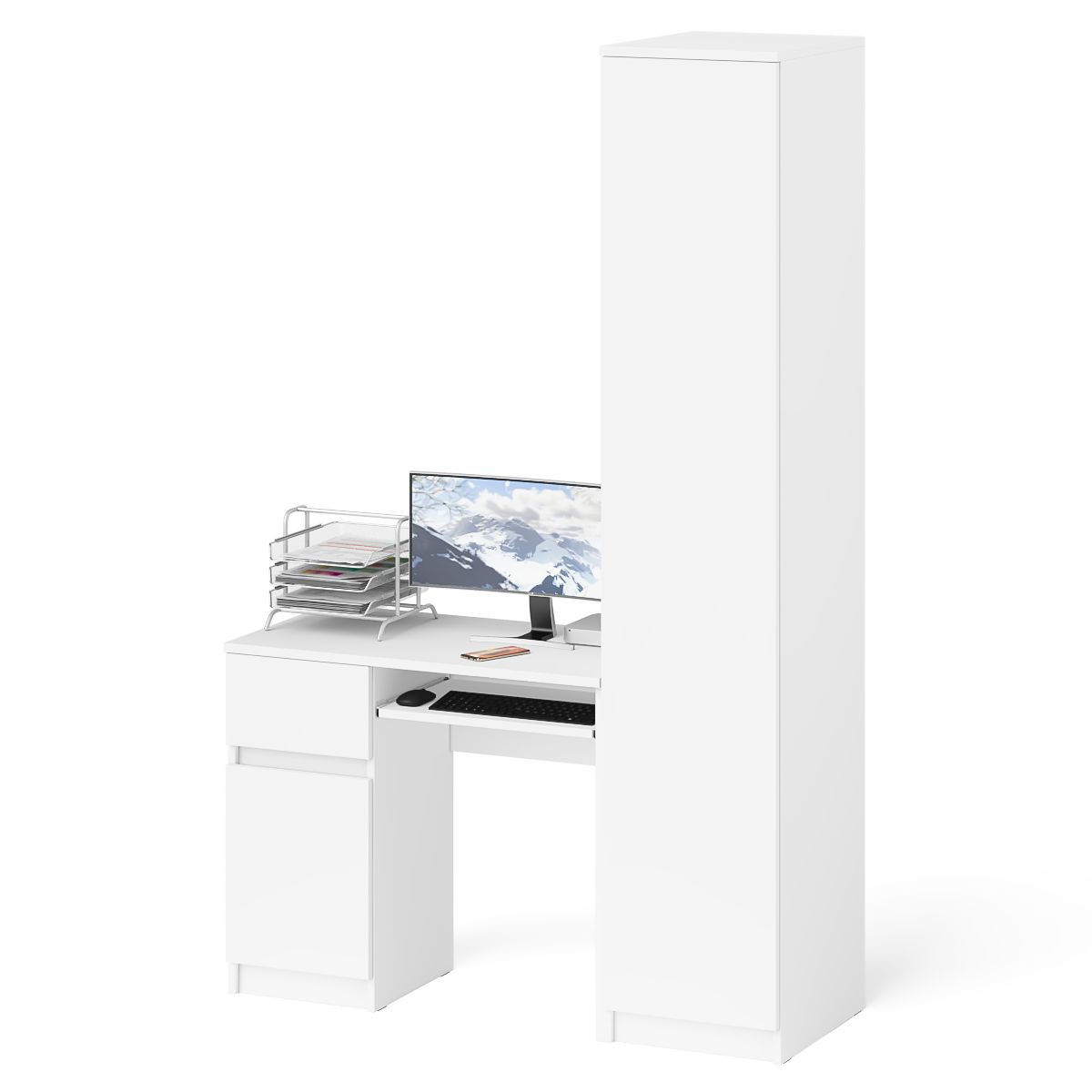 Стол компьютерный СВК Мори МС-1 левый с пеналом белый, 130х50х209,6 см