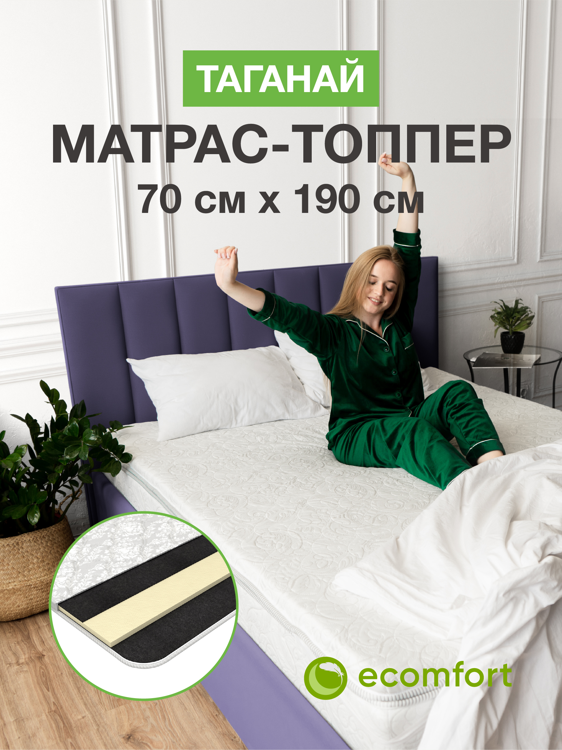 Топпер на диван Ecomfort Таганай на резинке, 70х190 см