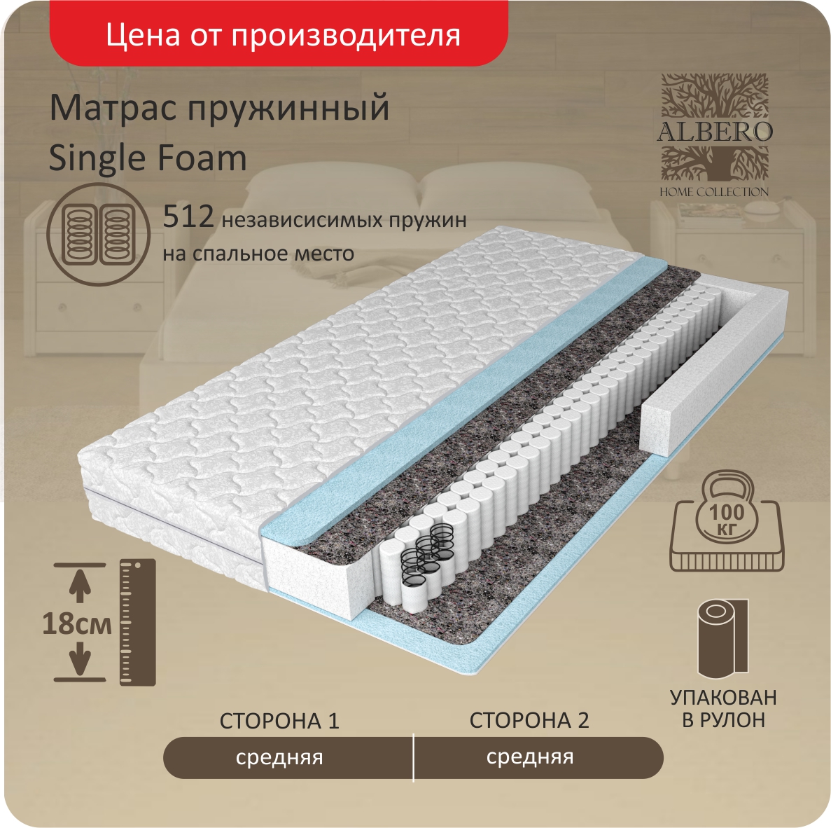 Анатомический матрас пружинный Albero Single Foam 140-200