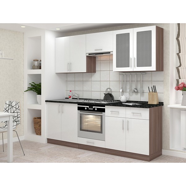 Кухонный гарнитур Баронс Гамма-3 220 см белый/коричневый/черный