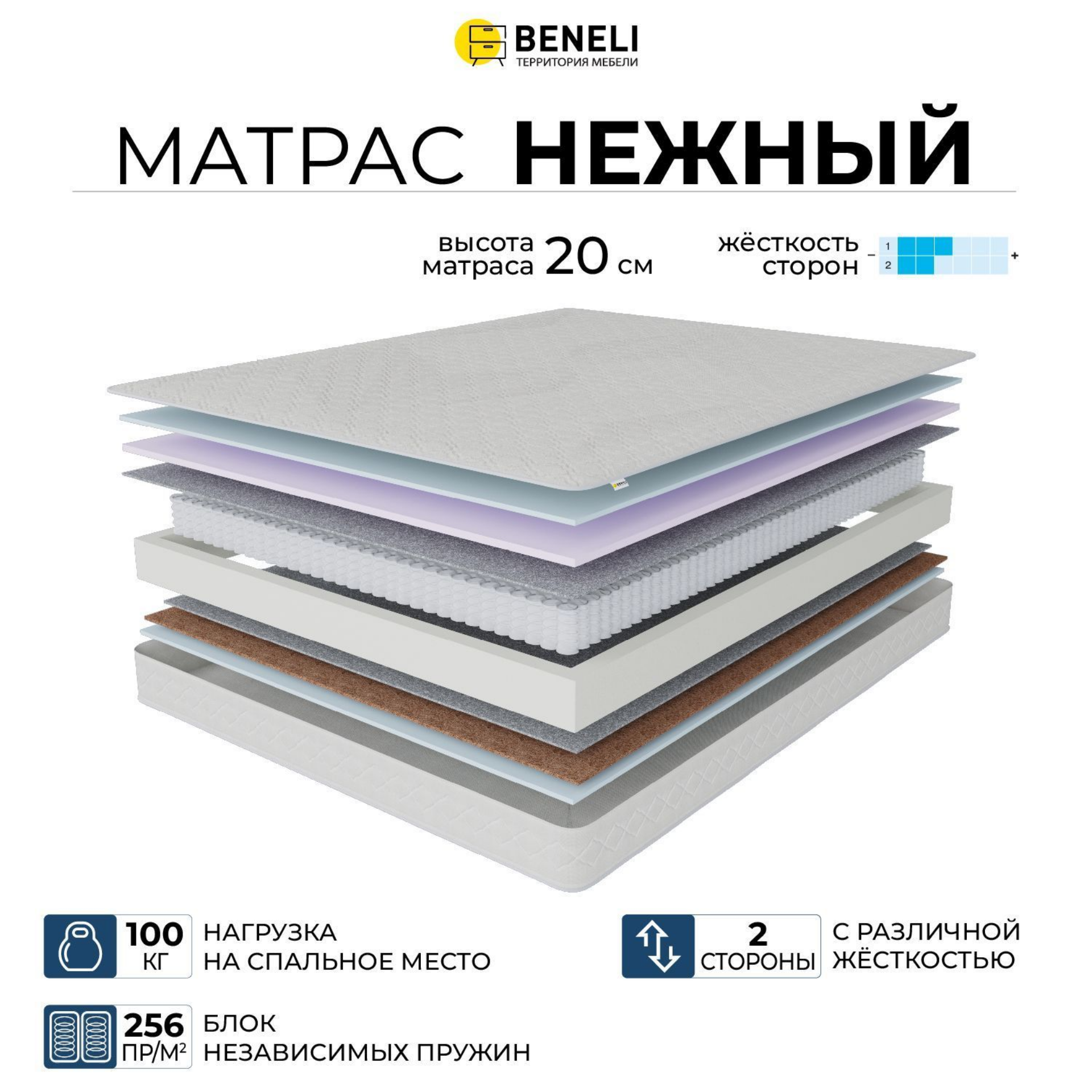 Ортопедический матрас Beneli Нежный, независимые пружины, двусторонний, 140х190