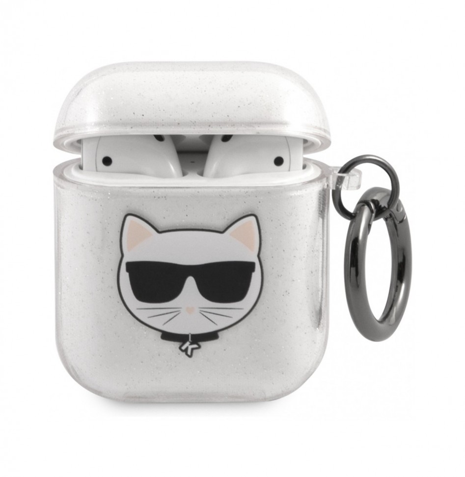 Чехол с карабином Karl Lagerfeld TPU Choupette Glitters для AirPods 1/2, Серебристый