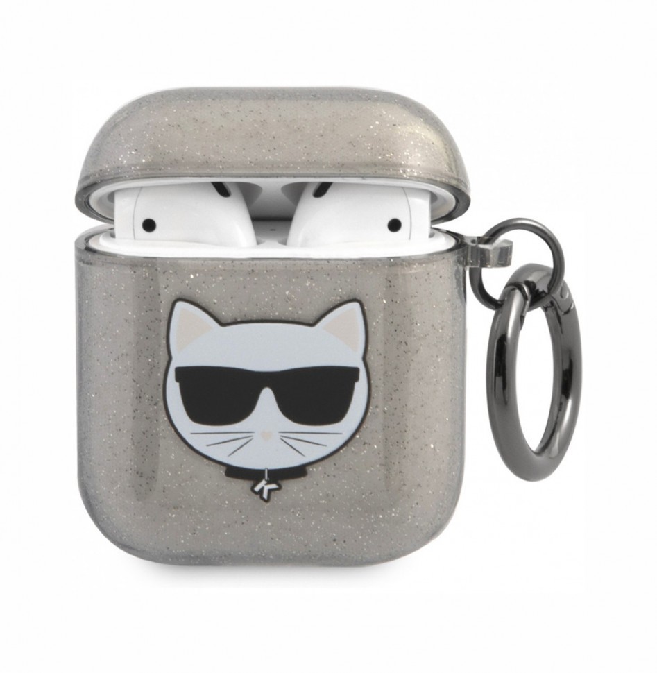 Чехол с карабином Karl Lagerfeld TPU Choupette Glitters для AirPods 1/2, Черный