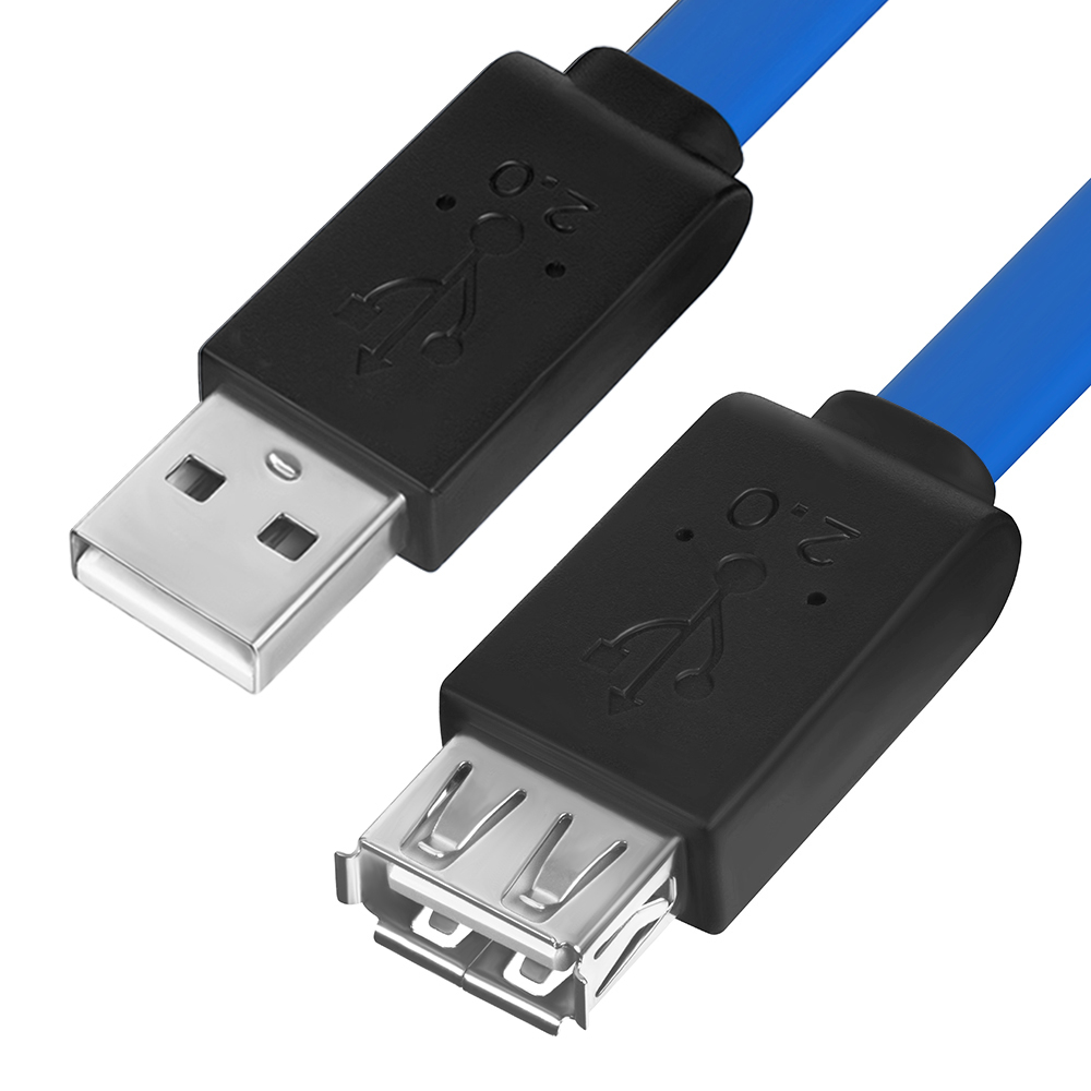 GCR Удлинитель PROF 1.8m USB 2.0, AM/AF, плоский синий, черный ПВХ, морозостойкий