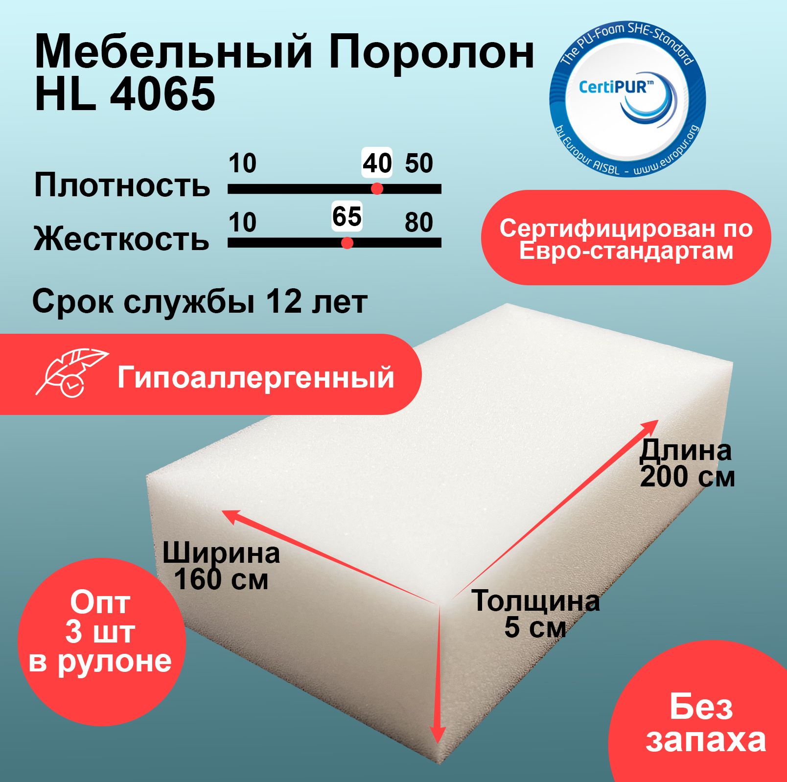 Мебельный поролон ФомЛайн HL 4065 лист 50x1600x2000мм сверхжесткий