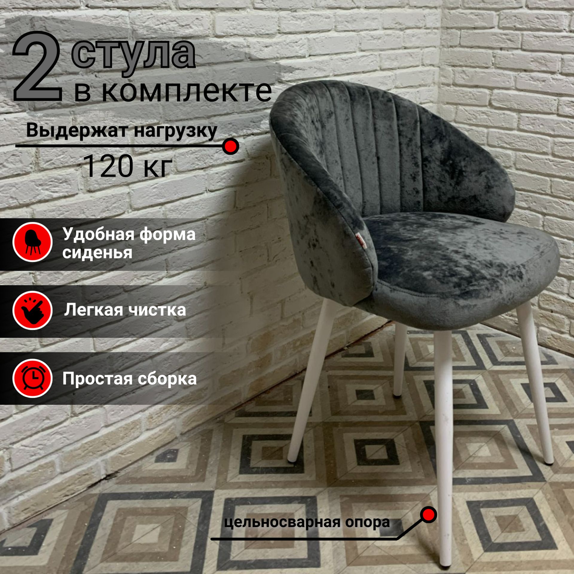Комплект стульев Зефир Плюш графит, темно-серый велюр, ноги белые 2шт