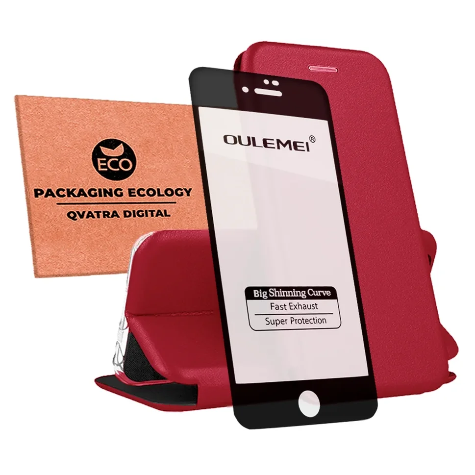 Чехол книжка для iPhone 8 / КОМПЛЕКТ со защитным стеклом 9D / для Айфон 8 / красный
