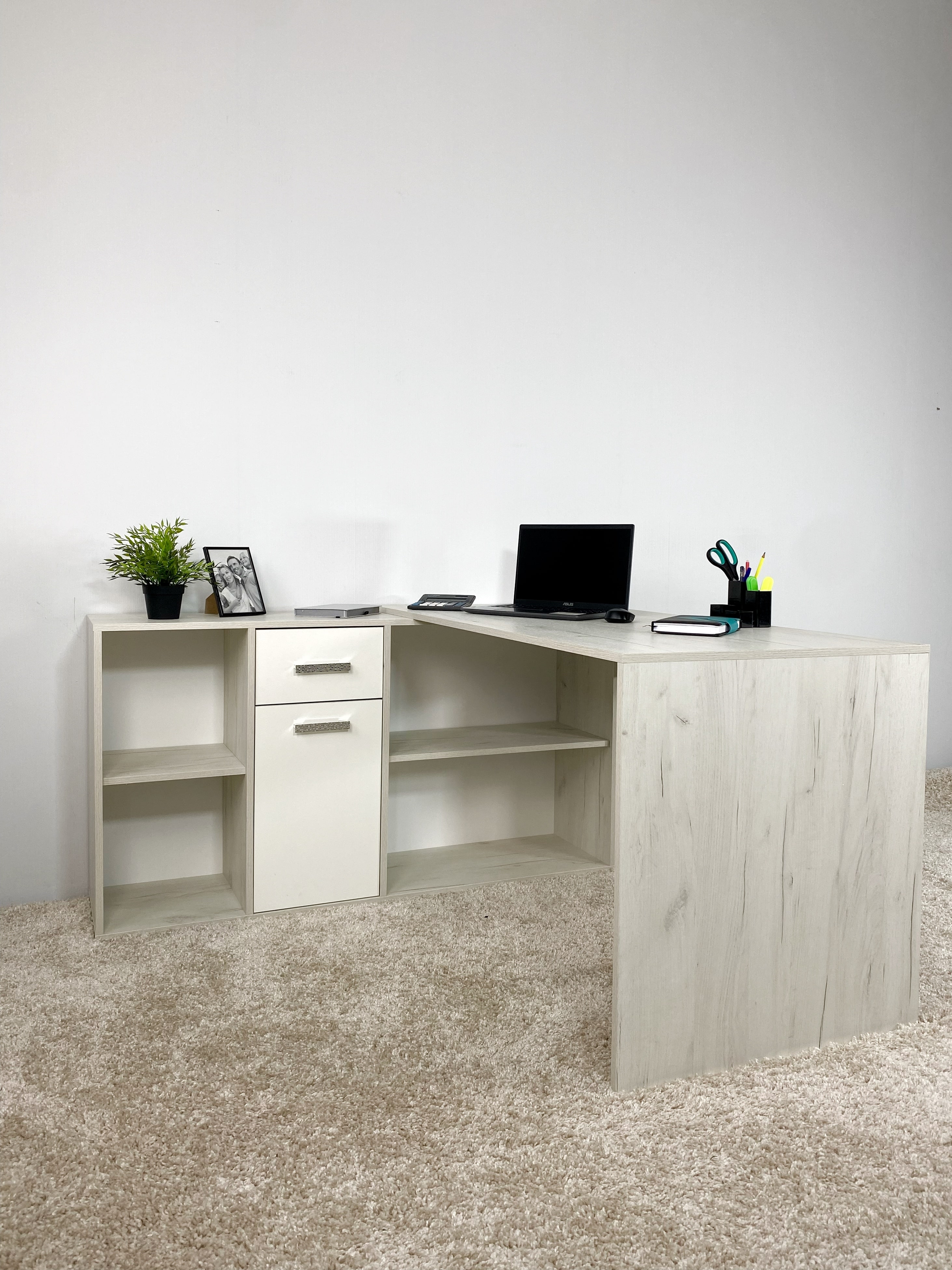 Компьютерный стол угловой Мерано 2, белый дуб крафт/белый шагрень