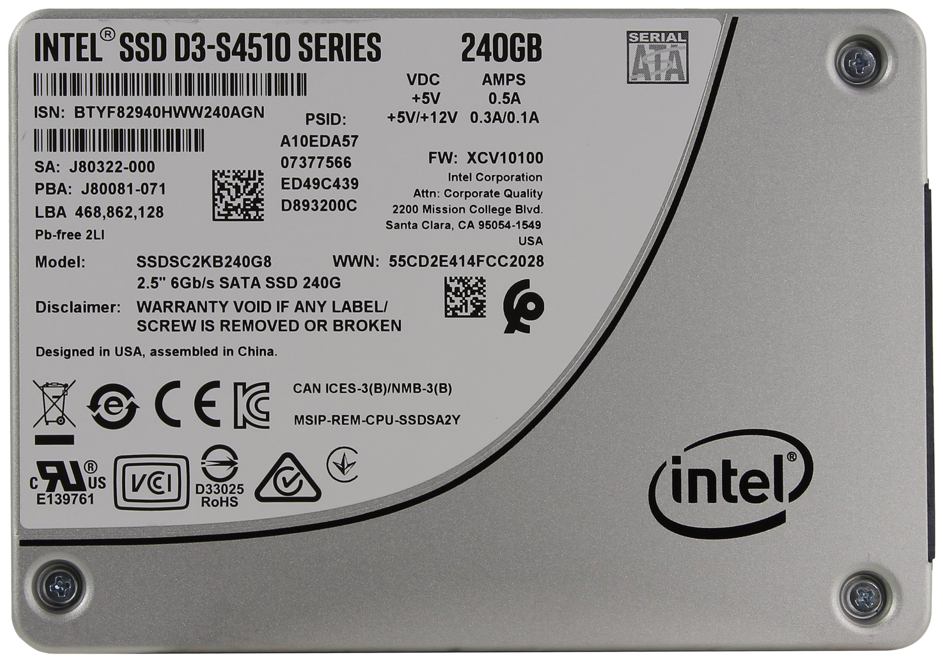 SSD накопитель Intel D3-S4510 2.5" 240 ГБ (SSDSC2KB240G801)
