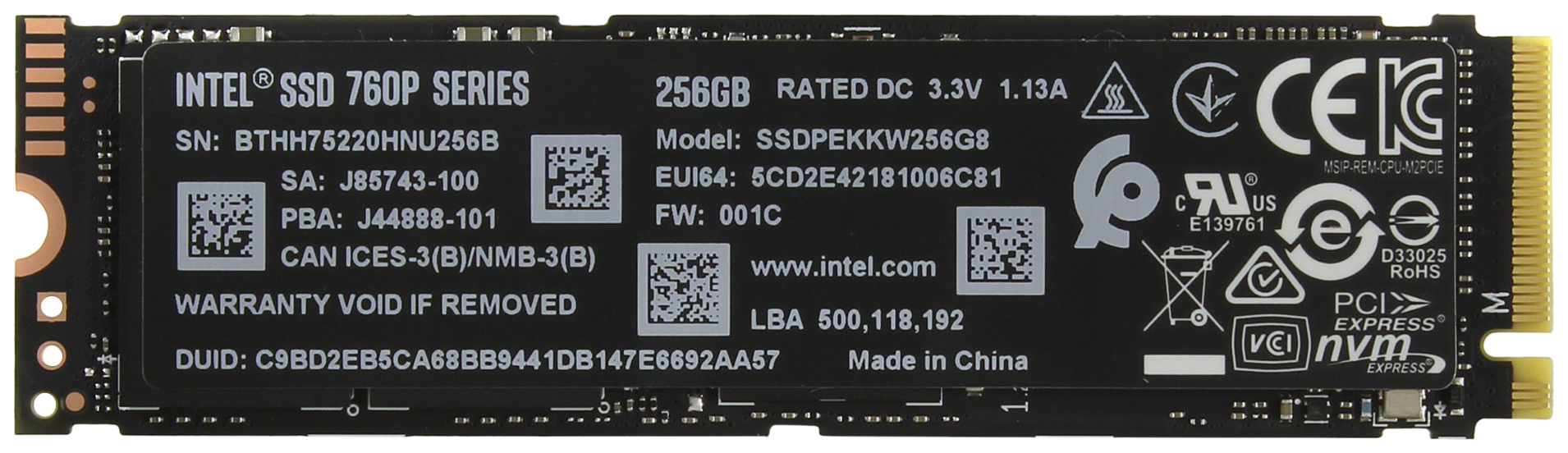 SSD накопитель Intel 760P M.2 2280 256 ГБ (SSDPEKKW256G8XT)