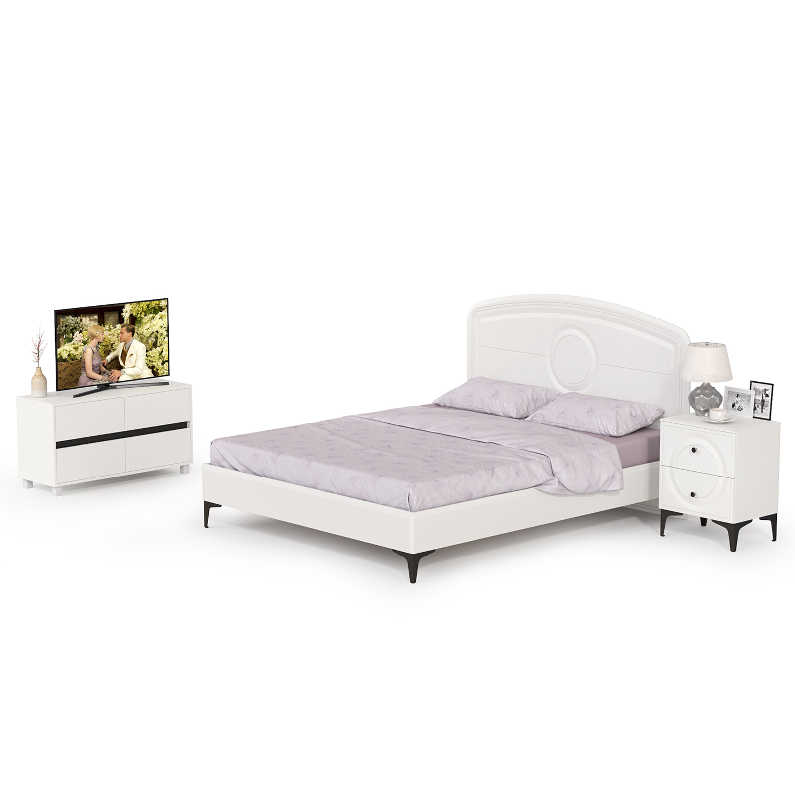 Кровать 1600 Mobi Валенсия с прикроватной тумбочкой и ТВ тумбой Квадро белый/чёрный