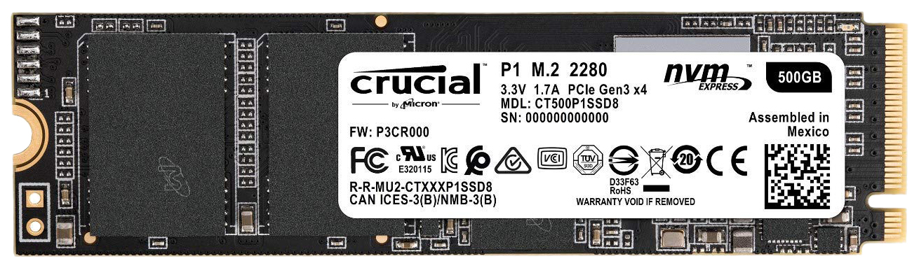 SSD накопитель Crucial P1 M.2 2280 500 ГБ (CT500P1SSD8)