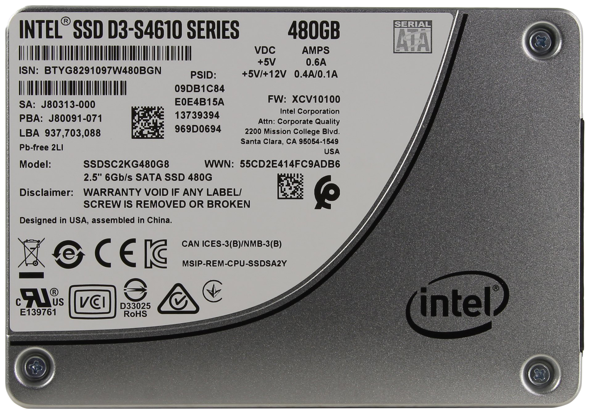 SSD накопитель Intel D3-S4610 2.5" 480 ГБ (SSDSC2KG480G801)