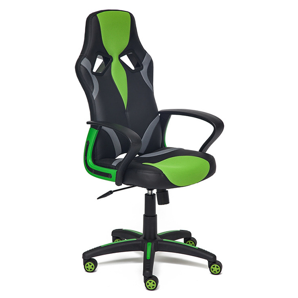 Кресло игровое компьютерное геймерское для пк Tetchair RUNNER черный зеленый кож/зам/ткань