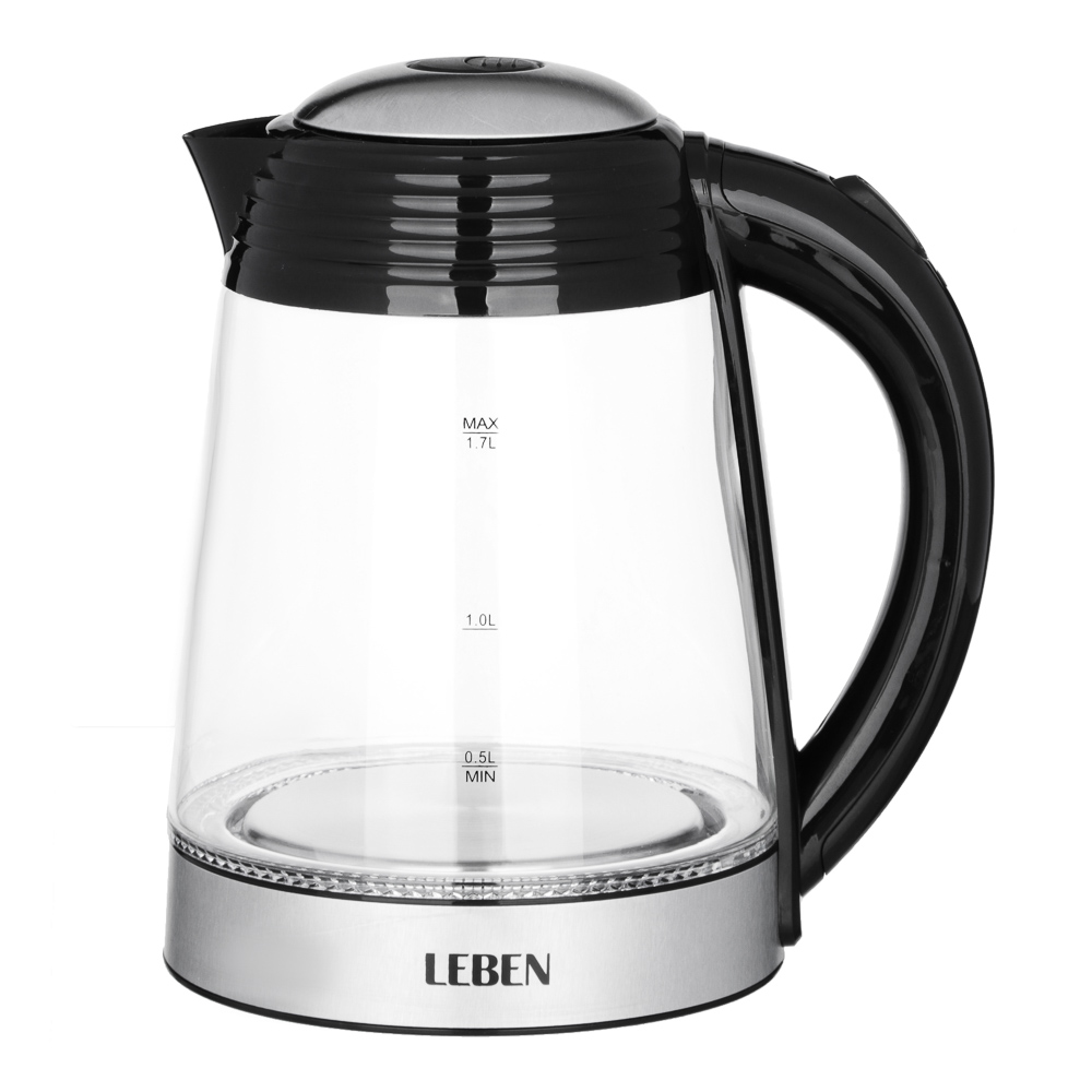 Чайник электрический LEBEN 291-013 1.7 л прозрачный, черный, серебристый