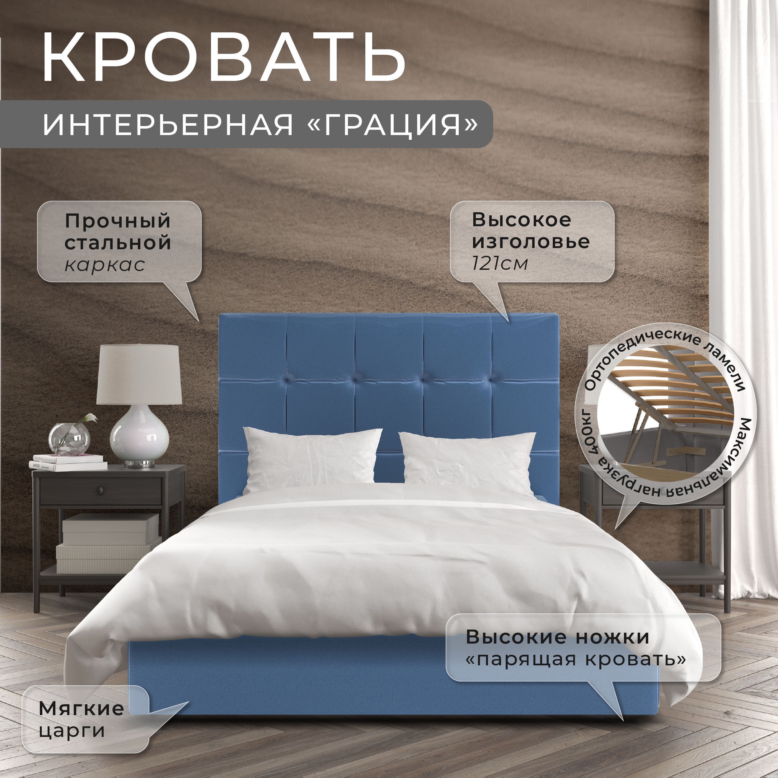 Двуспальная кровать ФОКУС Грация 153х214х121 см светло-синий текстурный велюр/30027