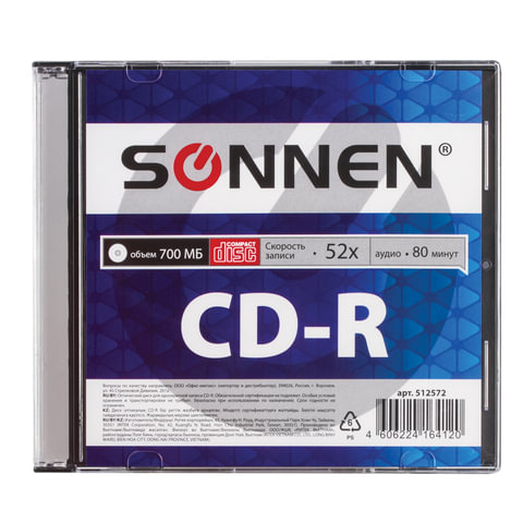 Диск CD-R SONNEN, 700 Mb, 52x, Slim Case, 512572 арт. 512572
