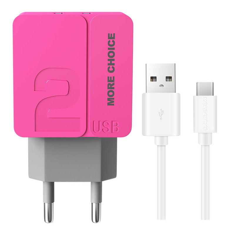 Сетевое зарядное устройство 2USB 2.4A для Type-C More choice NC46a 1м Pink