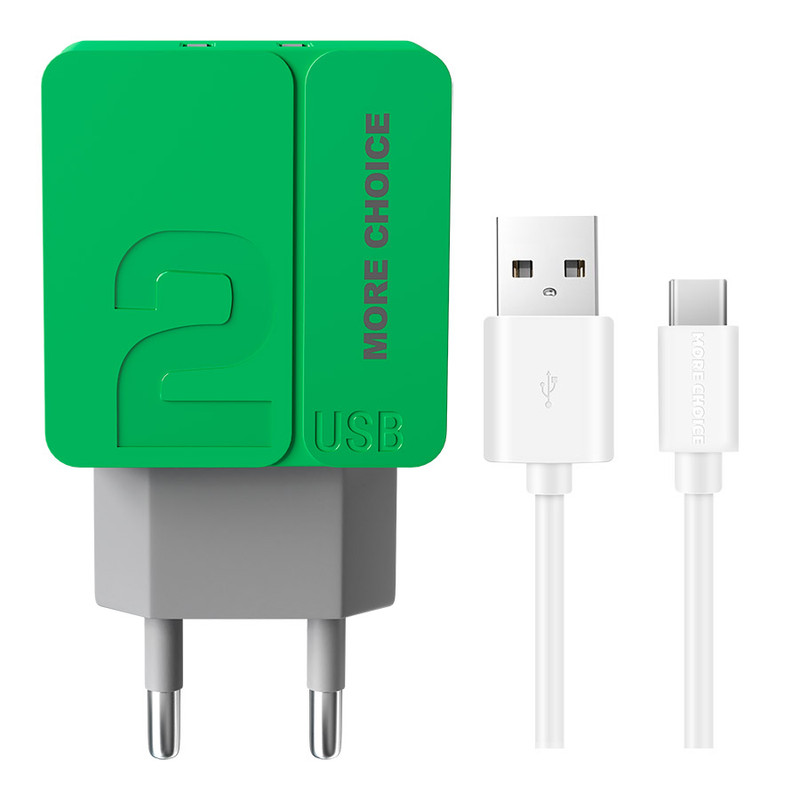 Сетевое зарядное устройство 2USB 2.4A для Type-C More choice NC46a 1м Green