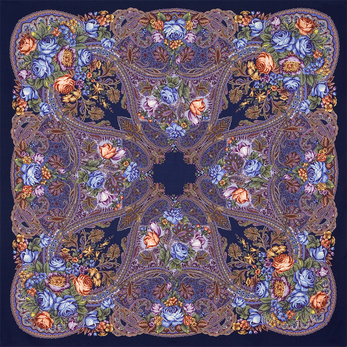 Платок женский Павловопосадский платок 1025 синий/зеленый/фиолетовый, 148х148 см