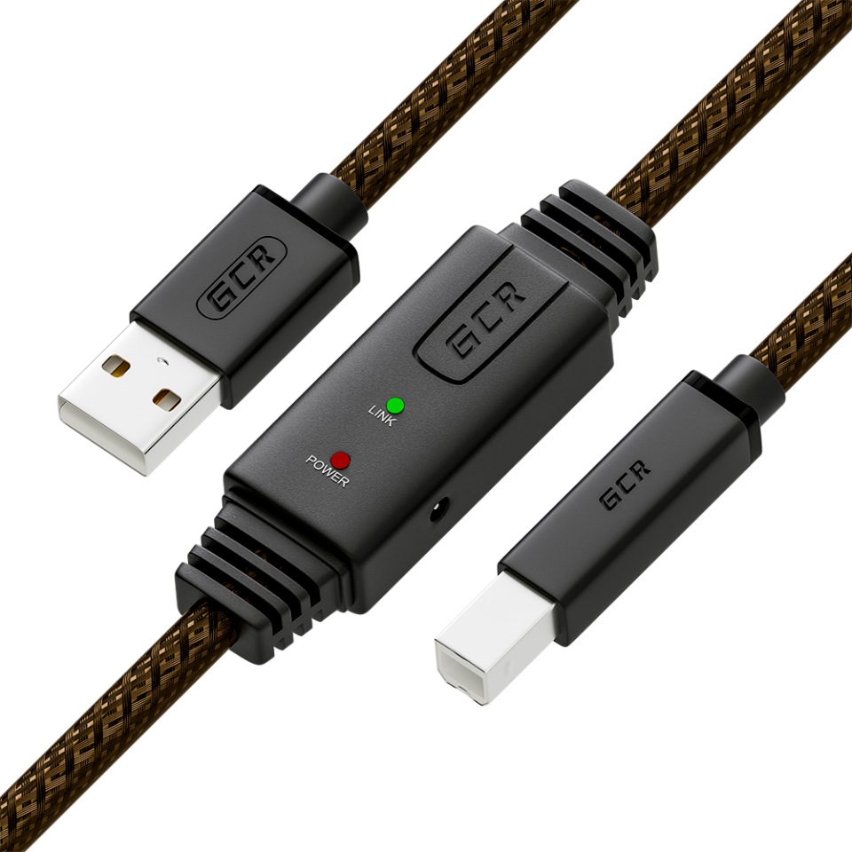 GCR Кабель активный 5.0m USB 2.0, AM/BM, черно-прозрачный