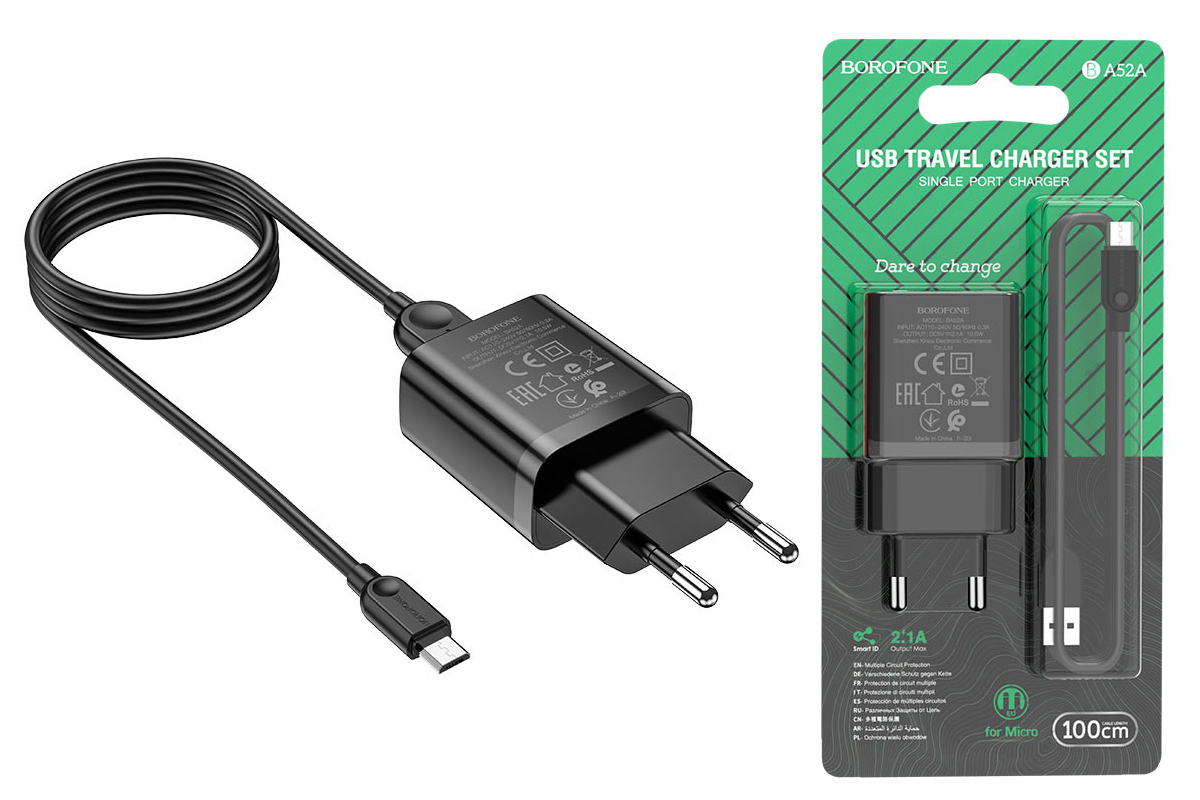 Сетевое зарядное устройство c USB Borofone BA52A, USB - Micro, черное 2.1A