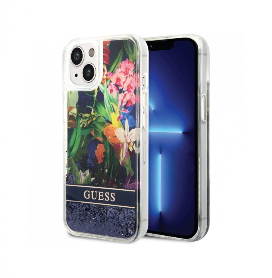 Чехол CG Mobile Guess Liquid Glitter Flower Hard для iPhone 14 Plus, Синий (GUHCP14MLFLSB)