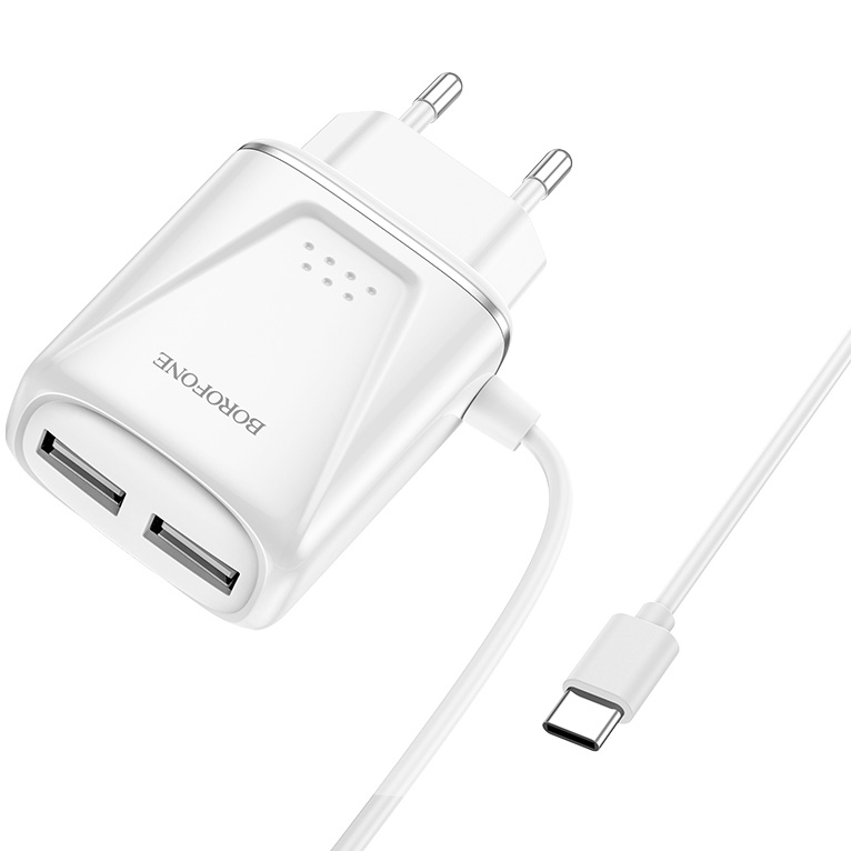 Сетевое зарядное устройство 2xUSB с кабелем USB Type-C Borofone BA50A Beneficence - Белое