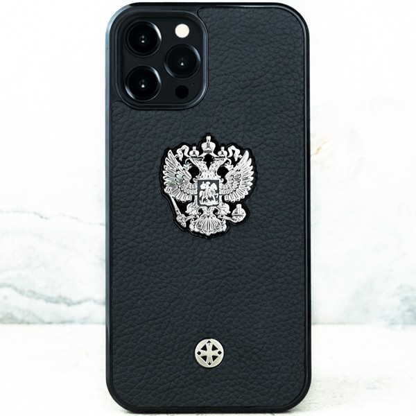 Чехол iPhone 14 Pro - Euphoria Premium Leather Black - Герб РФ - Euphoria HM Premium