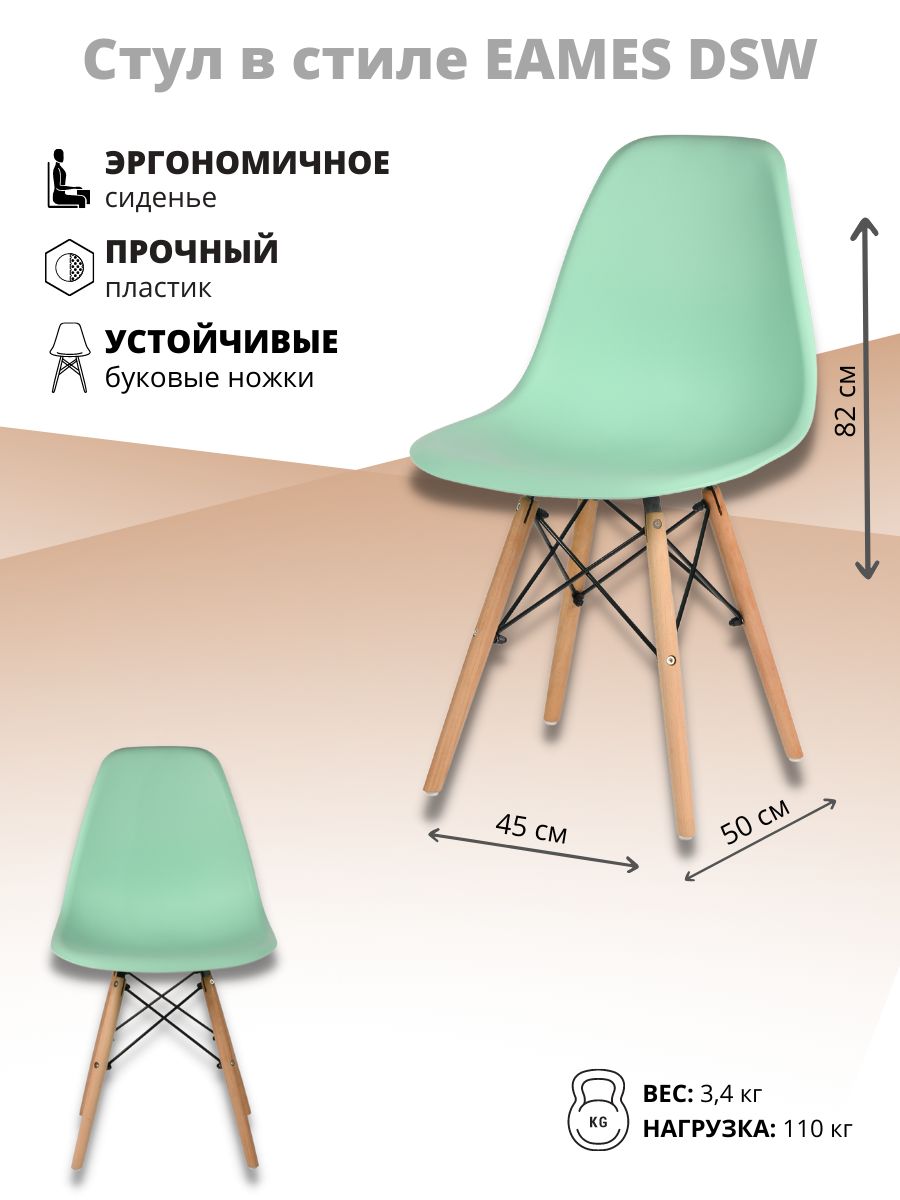 Стул для кухни СтулБержи EAMES DSW, деревянные ножки, 1 шт., мятный