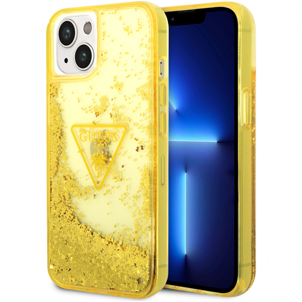 Чехол cg mobile guess liquid glitter triangle logo translucent для iphone 14, желтый