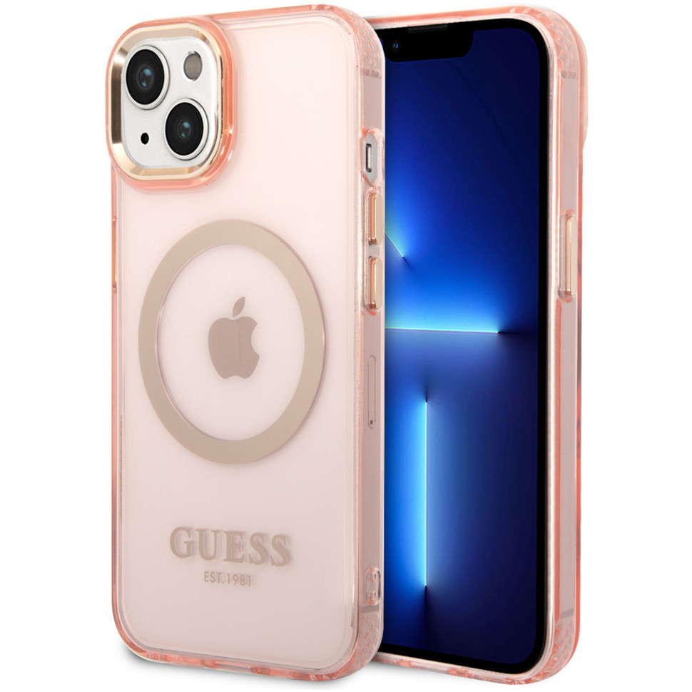 Чехол guess pc/tpu metal outline hard translucent magsafe для iphone 14+, розовый/золотой