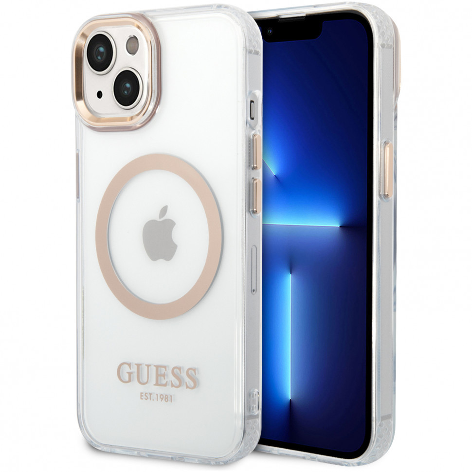 Чехол guess pc/tpu metal outline hard (magsafe) для iphone 14 plus, прозрачный/золотой