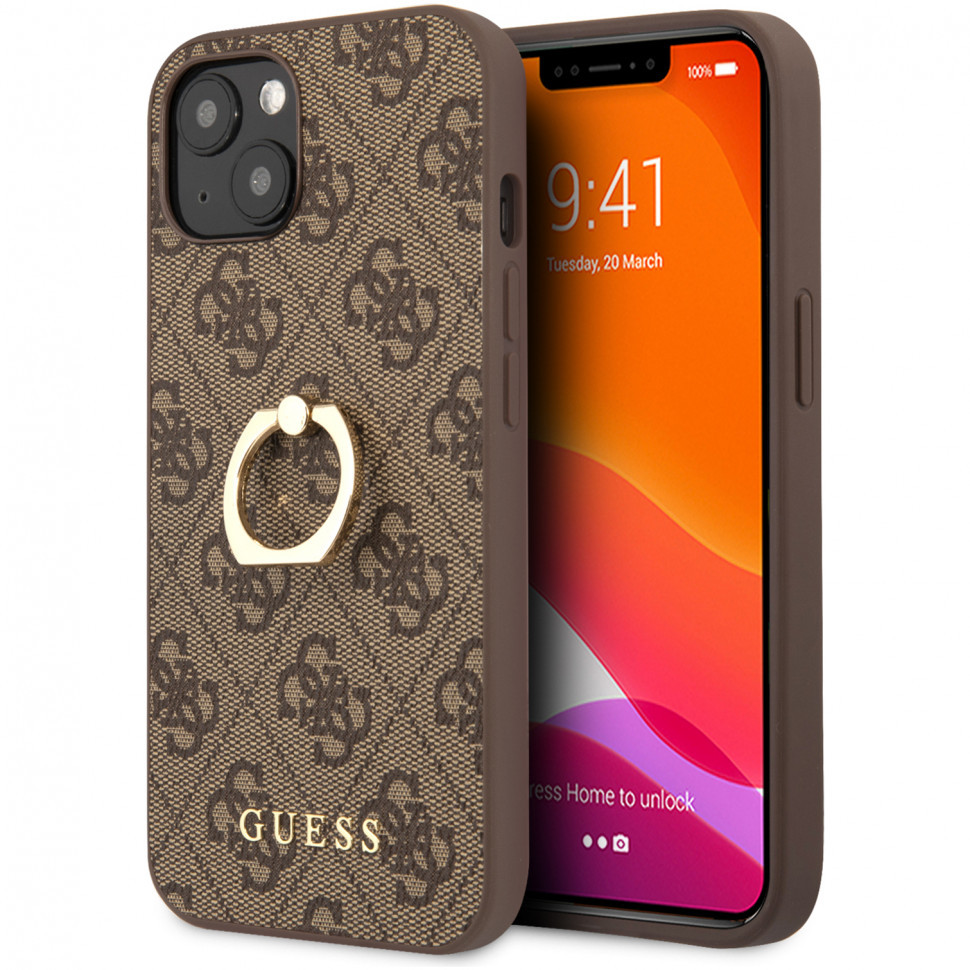Чехол cg mobile guess pu 4g + ring hard для iphone 14 plus, коричневый (guhcp14m4gmrbr)