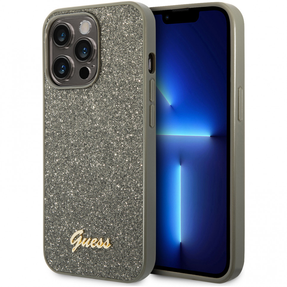 Чехол Guess pc/tpu glitter flakes w metal logo hard для iphone 14 pro, зеленый