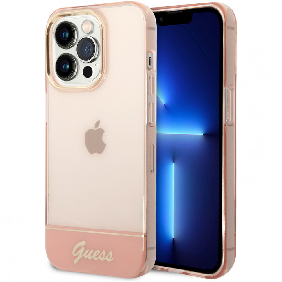 Чехол Guess pc/tpu translucent w electoplated camera hard для iphone 14 pro, розовый