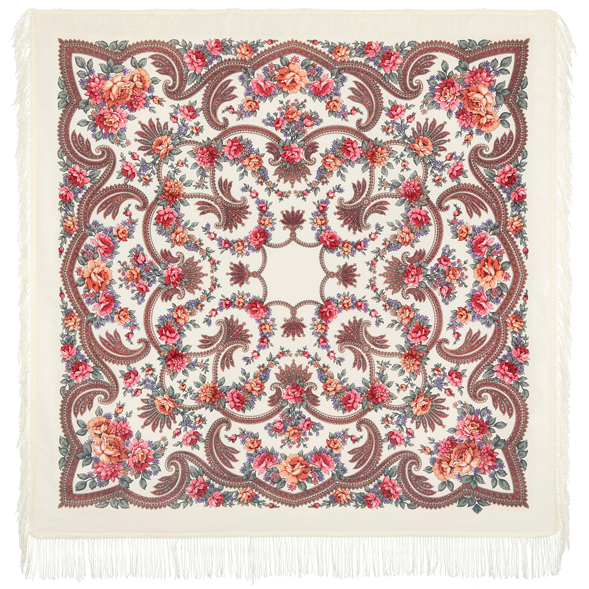 Платок женский Павловопосадский платок 1551 бежевый/зеленый/розовый, 125х125 см